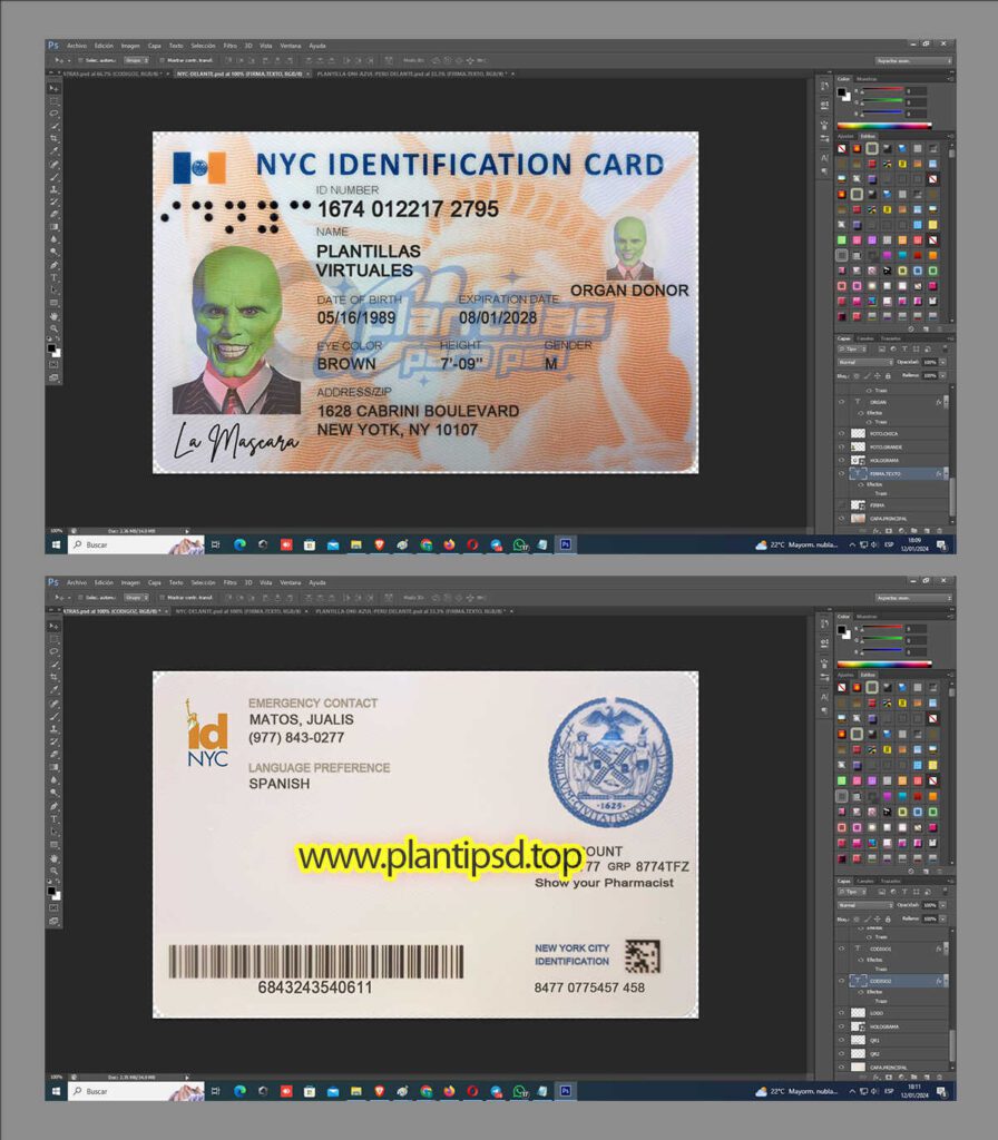 NYC Identification Card – Plantilla Digital Editable en Photoshop ...