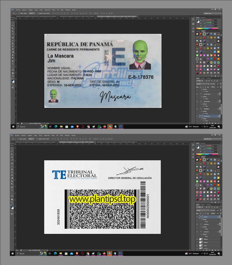 Carnet de Residencia Panama - Plantilla Digital Editable en Photoshop ...